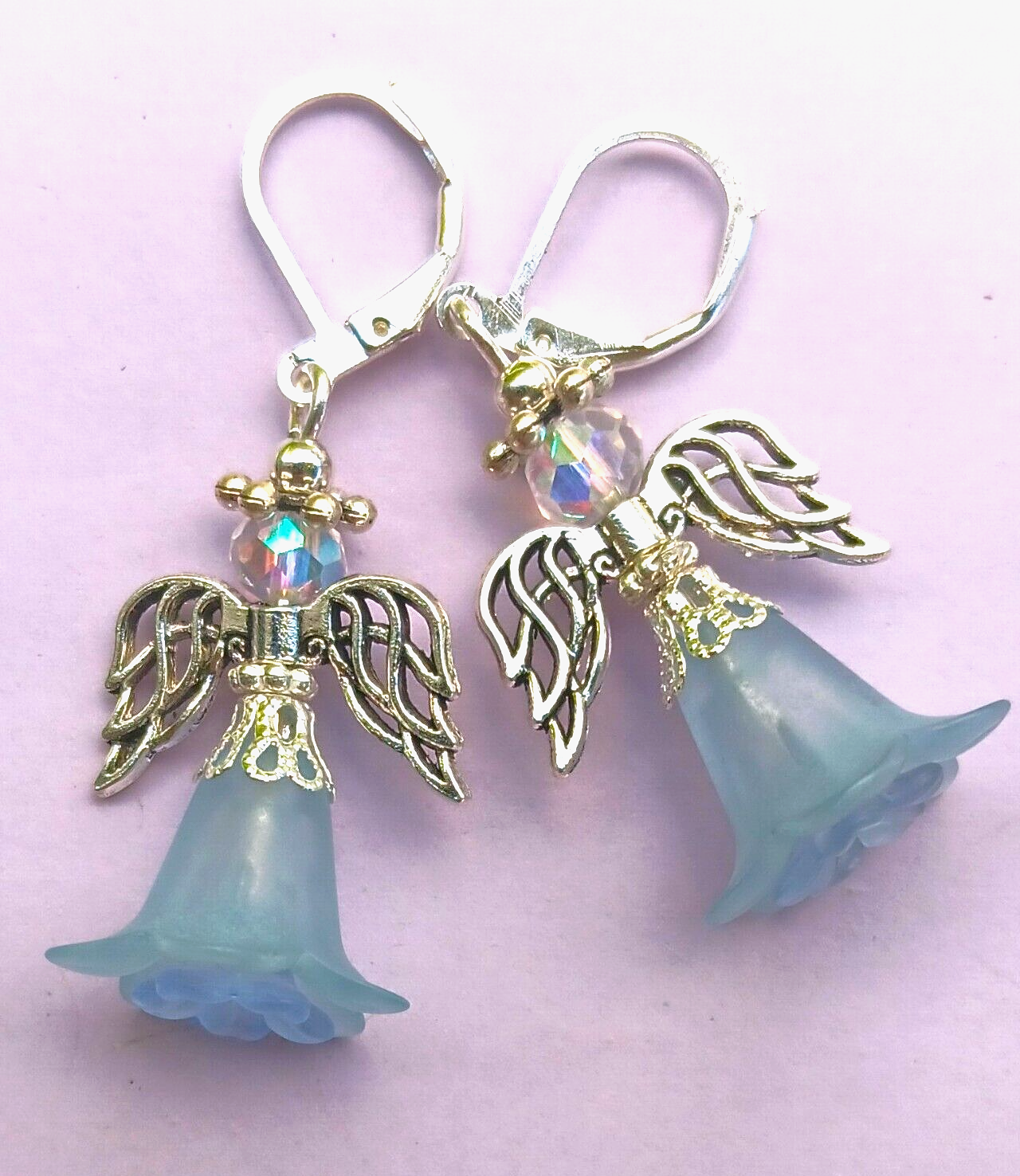 light BLUE Acrylic FLOWER ANGEL Faceted AB CRYSTAL earring SP LEVER ...