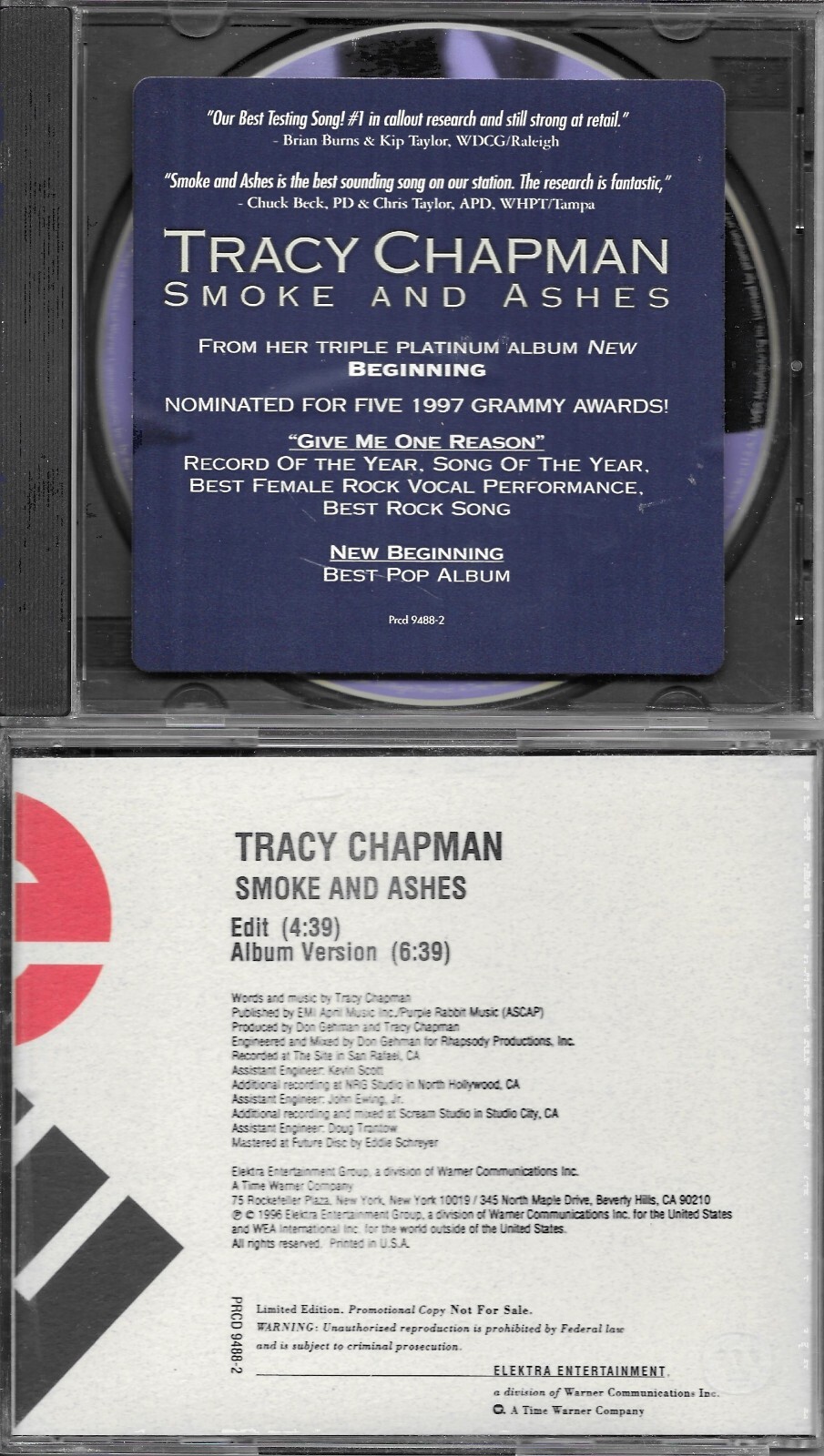 TRACY CHAPMAN Smoke And Ashes 2 versions promo CD single with Title ...