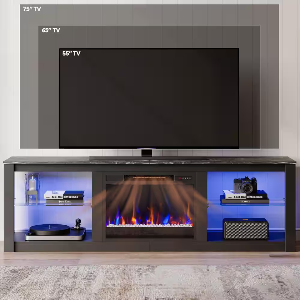 70.8in Black TV Stand with Electric Fireplace Console Fits TV Up To ...