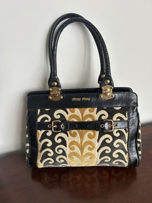 Mui Mui Grey/Gold Tapestry Handbag With Black Leather Trim And Gold ...
