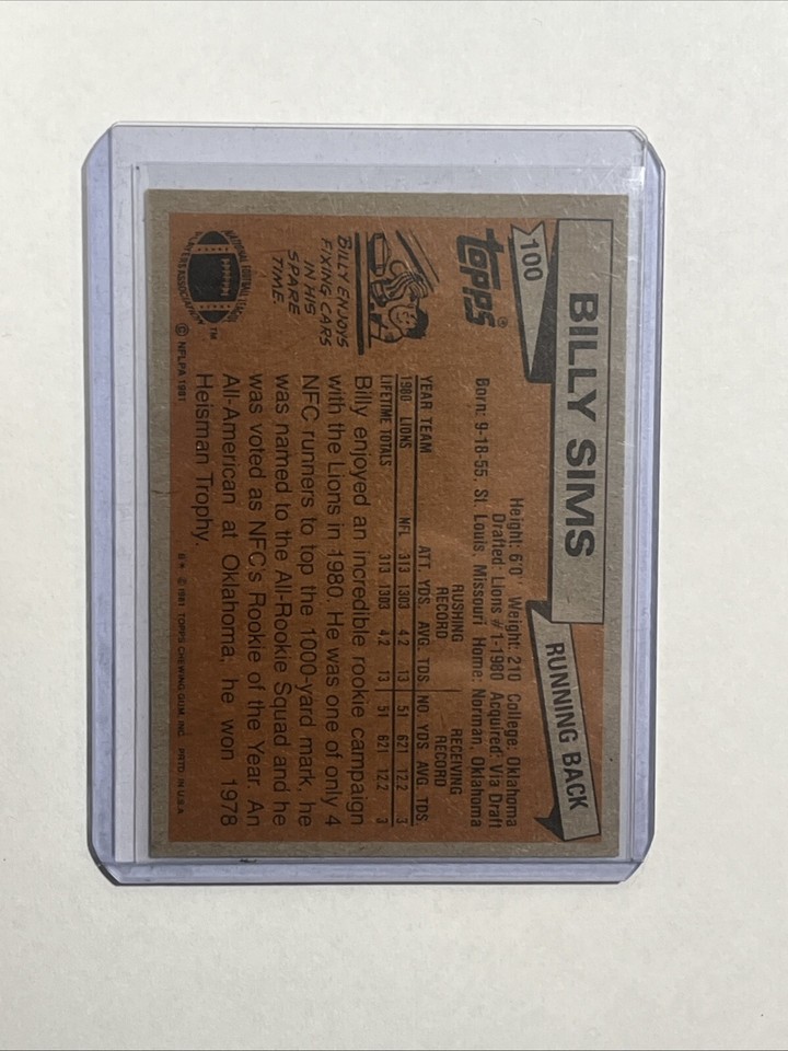1981 Topps Billy Sims #100 Rookie RC | eBay