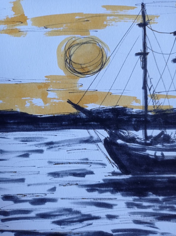 Yacht Seascape Original Drawing Sky Artwork Sailboat Rich Art 8 by 6 ...