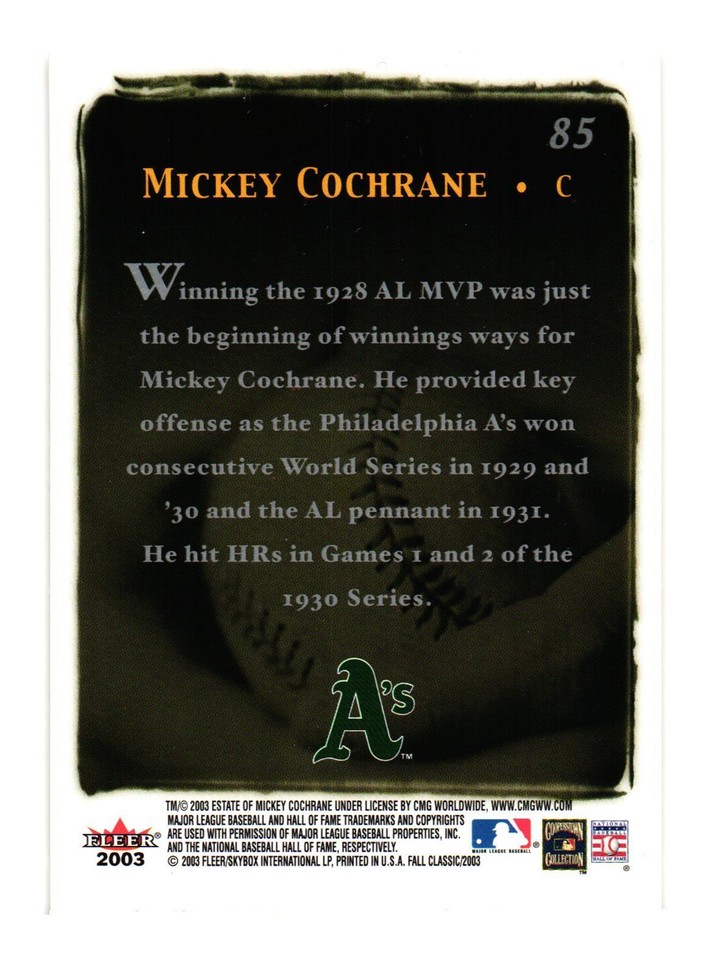 2003 Fleer Fall Classic #85a Mickey Cochrane Philadelphia Athletics | eBay