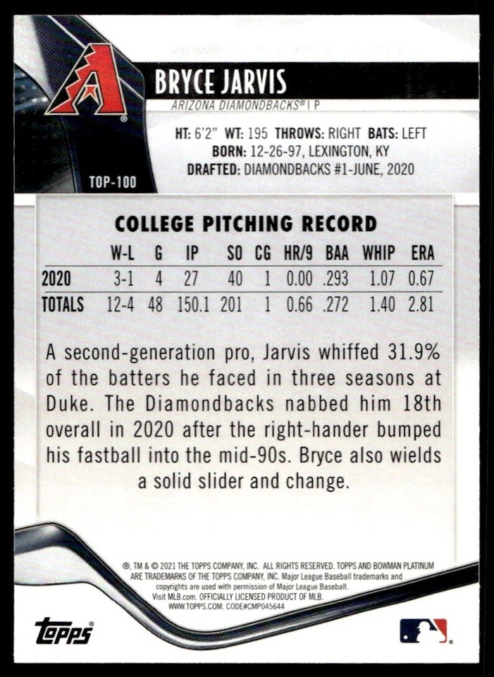 2021 Bowman Platinum Top Prospects Bryce Jarvis Arizona Diamondbacks # ...