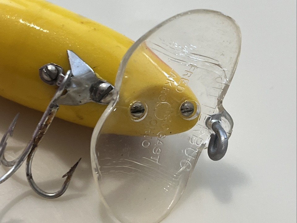 VINTAGE FRED ARBOGAST JITTERBUG YELLOW WITH CLEAR PLASTIC LIP "SCARCE" | eBay