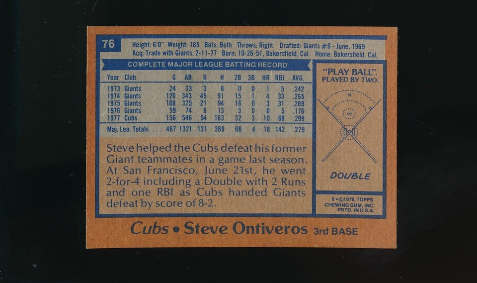 1978 Topps #76 Steve Ontiveros * 3rd Base * Chicago Cubs * EX-MT * | eBay