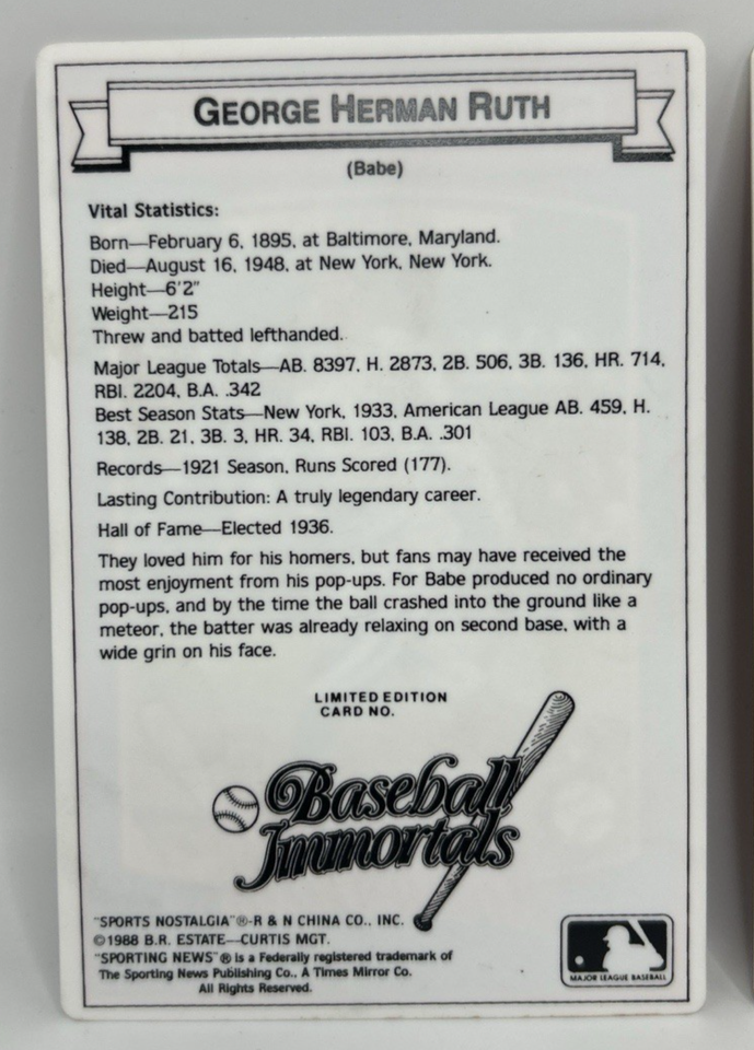 🏆 1988 Porcelain Baseball Cards–Babe Ruth, Cy Young, Kirk Gibson–R&N ...