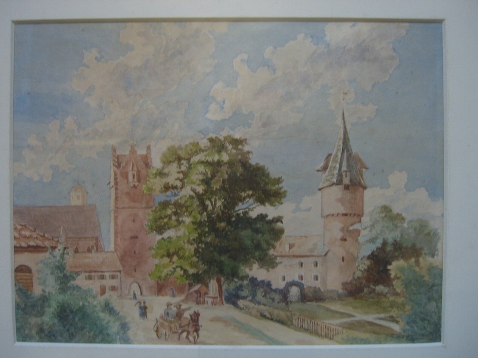 Watercolour Castle Old Town Tower Antique Um 1900 Frauentor IN ...