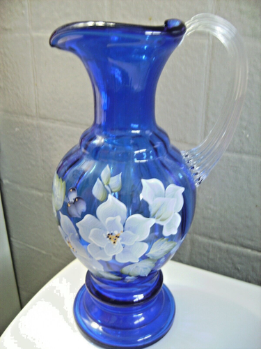 FENTON - C. SMITH (HP) - COBALT BLUE FLORAL PITCHER - HEART SHAPED TOP ...