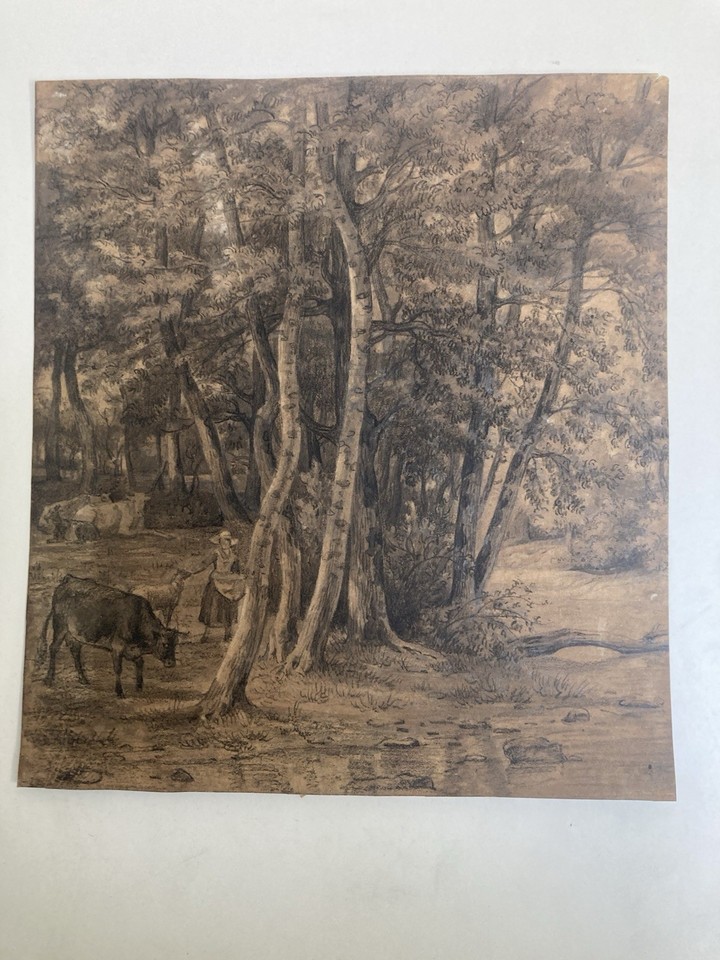 Very Beautiful Drawing XIX 1850 Pencil Landscape Forest Antique Cow Art ...