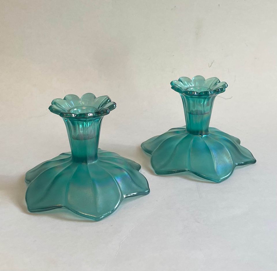STUNNING and RARE! Fenton Steigel Green Stretch Glass Candlestick ...