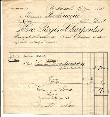 Bordeaux 1904. Facture Régis & Charpentier. Vente de Champagne à Mme ...
