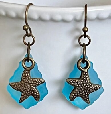 Bronze Starfish and Ocean Blue Earrings. Faux Beach Glass. Coast. | eBay