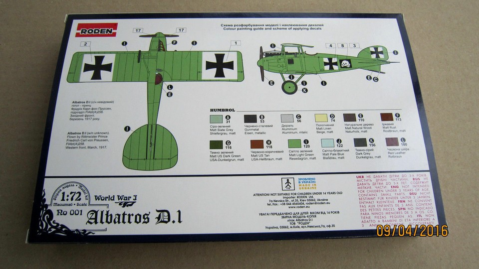 Roden 001 - 1/72 Albatros D.I German Fighter, WWI, Airplane, plastic ...