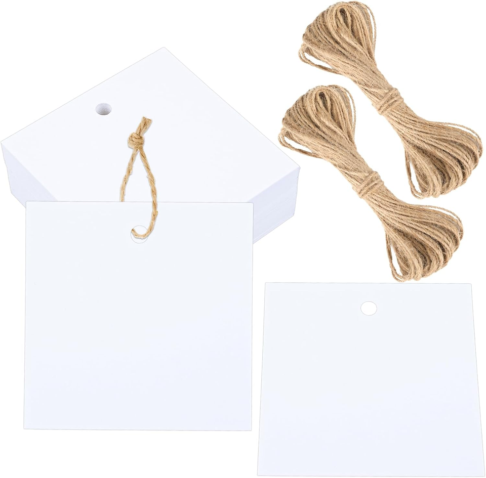 100PCS White Gift Tags with String-100PCS Square Paper Tags, 2.5x2.5 ...