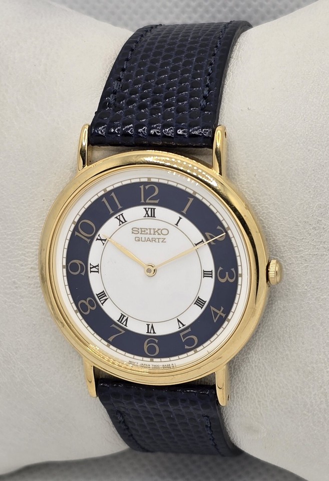 Men's Seiko Classic Blue White Dial Gold Tone Case Navy Blue Leather ...