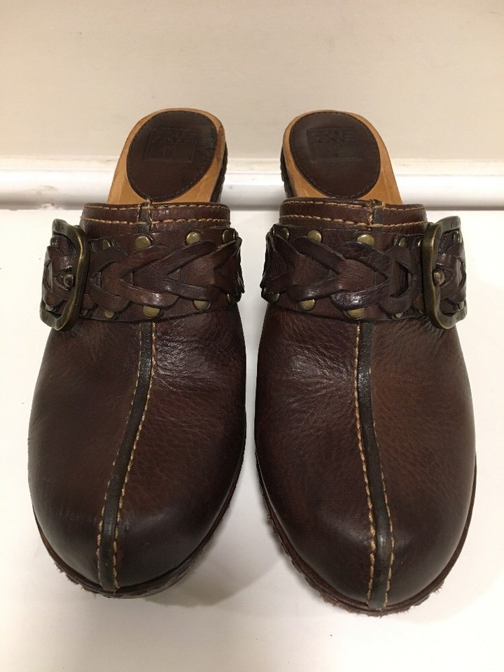 Frye “Candice” Woven Brown Leather Clog Slip On Mules Buckle Accent ...