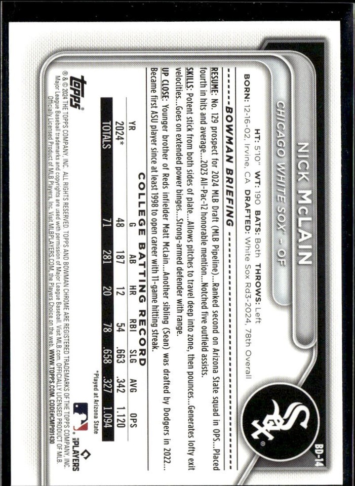 2024 Bowman Draft Paper Nick McLain Chicago White Sox #BD-14 5 Card Lot ...