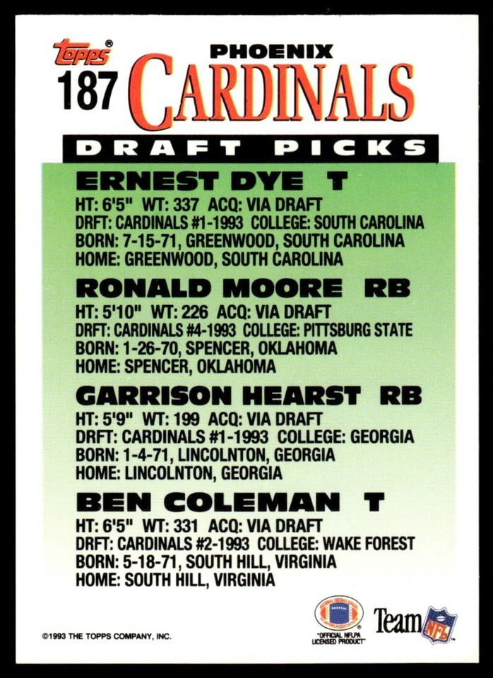 1993 Topps Gold Garrison Hearst/Ernest Dye/Ronald Moore/Ben Coleman ...