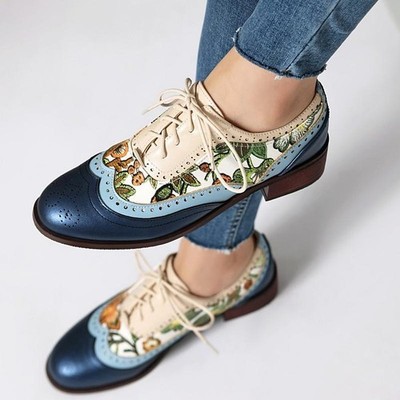 Women's Faux Leather Patchwork Floral Brogue Carved Lace Up Casual ...