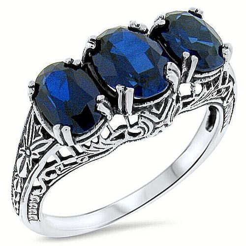 ANTIQUE STYLE 925 STERLING SILVER THREE-STONE LAB-CREATED SAPPHIRE RING ...