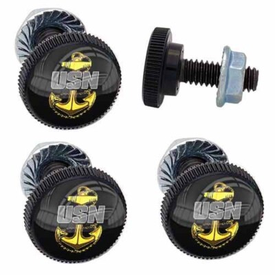 4 Vivid Black ABS License Plate Frame Hardware Tag Bolts | USN Navy ...