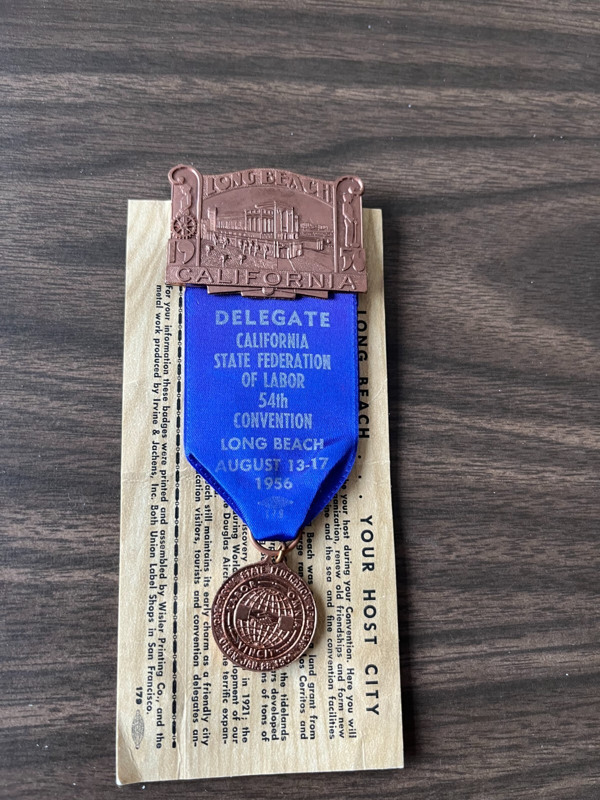 1956 CALIFORNIA FEDERATION OF LABOR 54TH CONVENTION LONG BEACH DELEGATE ...