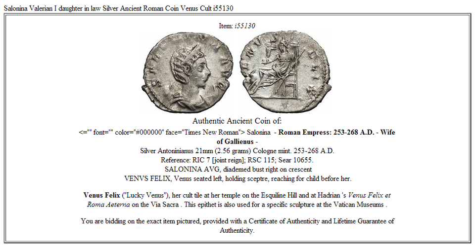 Salonina Valerian I daughter in law Silver Ancient Roman Coin Venus ...