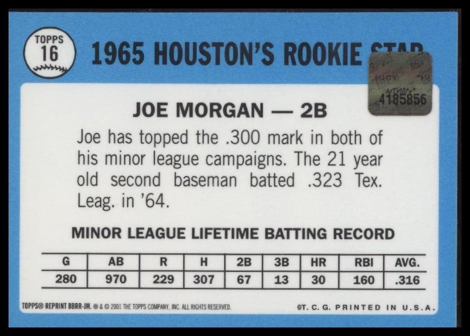 2001 Topps American Pie #BBRR-JM Joe Morgan Rookie Reprint Relics | eBay