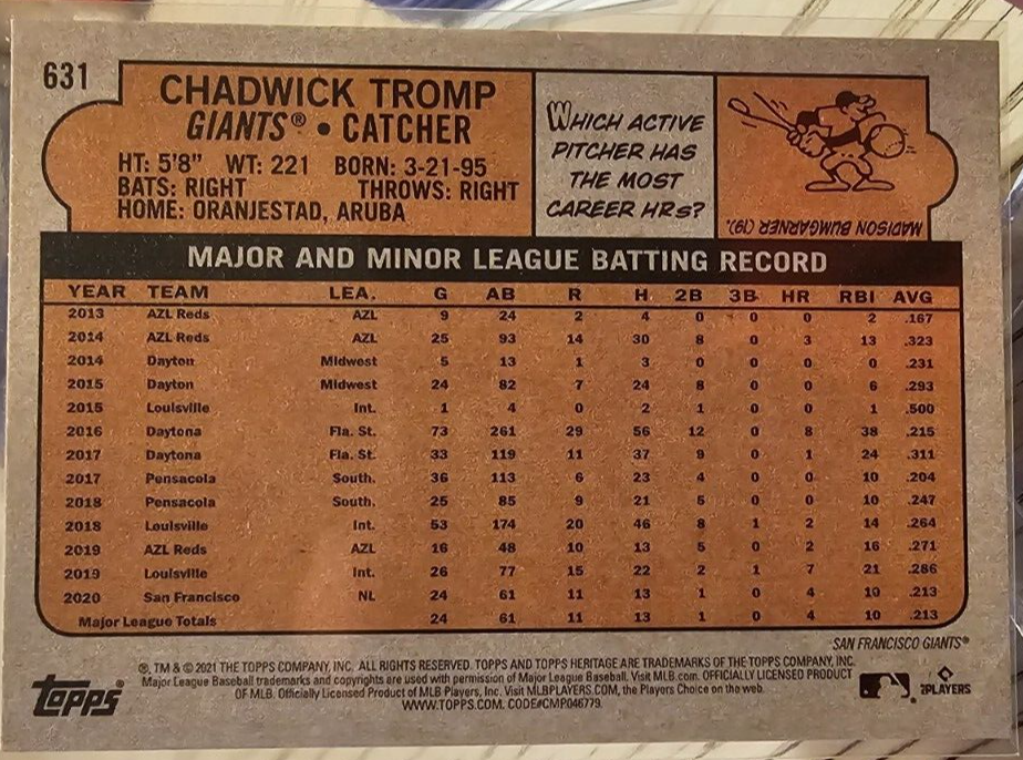 2021 Topps Heritage Chadwick Tromp RC #631 San Francisco Giants lot of ...