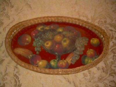 VTG OVAL WICKER TRAY~CUSTOM DECOUPAGED FRUIT COMPOTE CENTER~UNDER GLASS ...