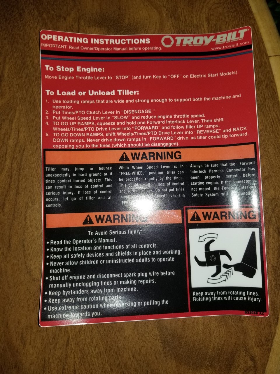 Troy-Bilt Big Red Tiller Hood and Handle Bar Decal Set | eBay