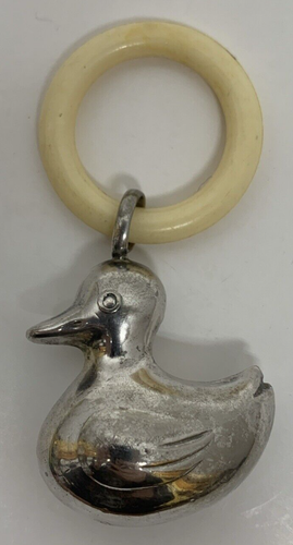 Vintage 3 7/8" x 1 3/4" Silver Plated Duck Baby Teething Ring Rattle | eBay