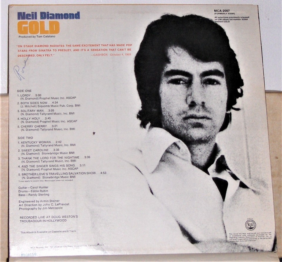Neil Diamond - Gold Live At Troubadour - LP Record Album - Vinyl ...
