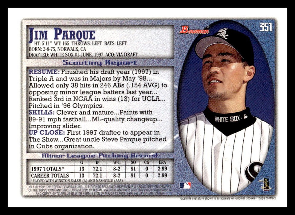 1998 Bowman 351 Jim Parque Chicago White Sox Rookie Baseball Card | eBay