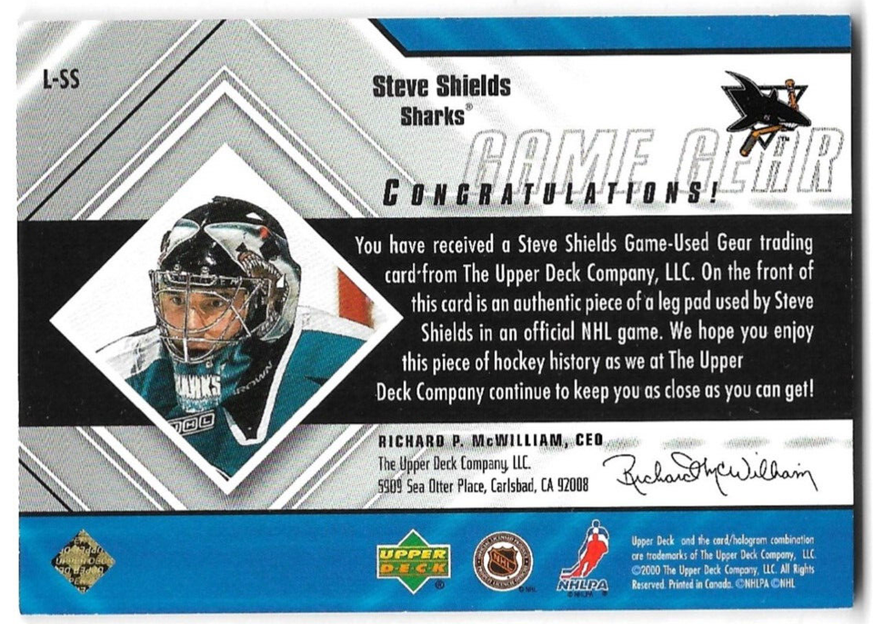00-01 Black Diamond GAME GEAR PADS Steve SHIELDS - Sharks | eBay