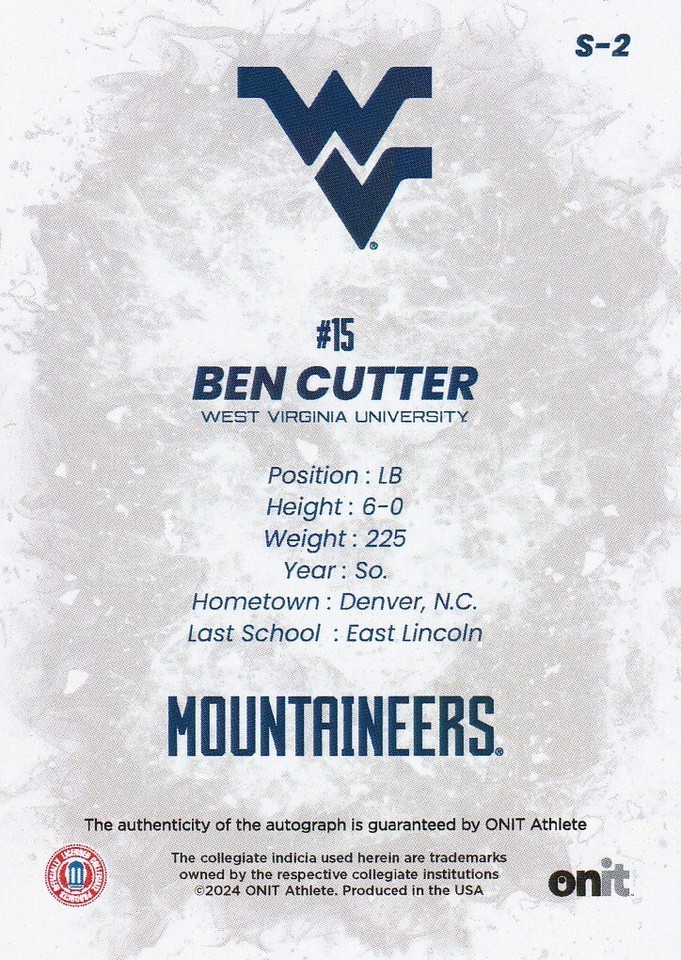 2024 Onit West Virginia Mountaineers Ben Cutter BLUE Autograph 84/110 ...