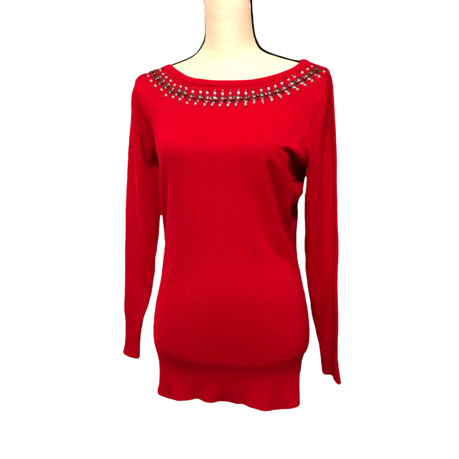 BISOU BISOU Red Tunic Sweater w/Beads and Rhinestones on Neckline, Size ...