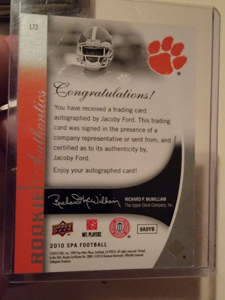2010 SP Rookie Authentic #172 Jacoby Ford Auto #/599 RC Clemson ...