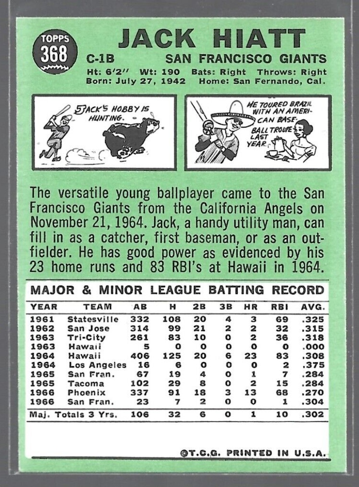 Jack Hiatt- San Francisco Giants- 1967 Topps Baseball Card #368 | eBay