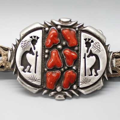 VINTAGE NAVAJO-BRANCH CORAL & STERLING OVERLAY BELT BUCKLE by WILSON ...