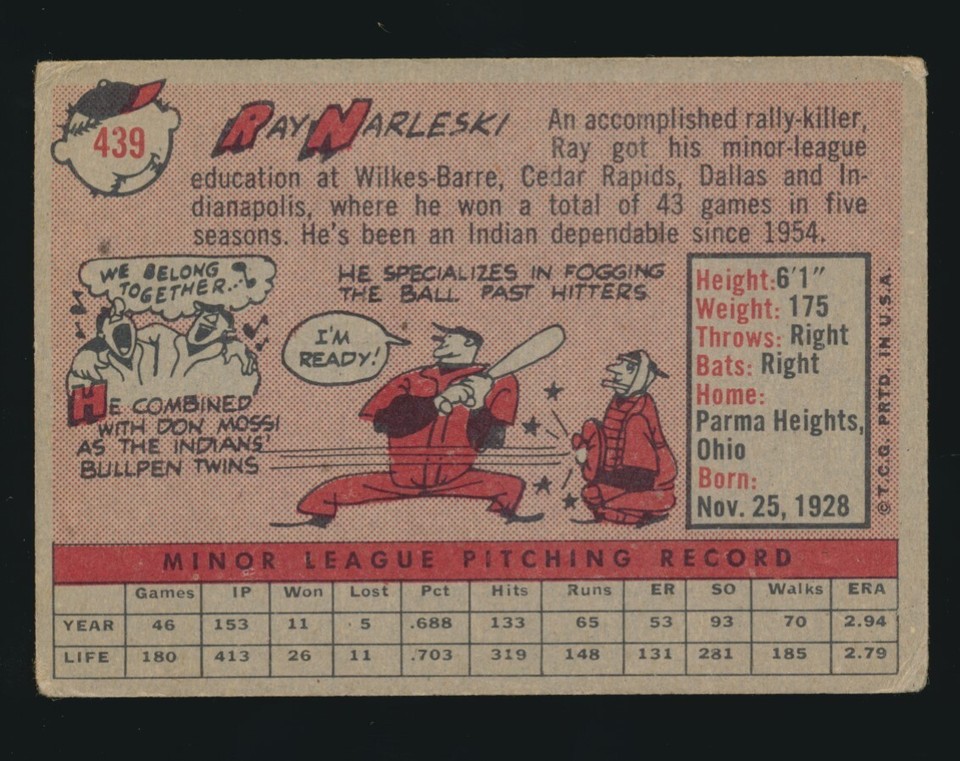 1958 Topps -#439 RAY NARLESKI (Cleveland Indians) *AUTOGRAPHED* d.2012 ...