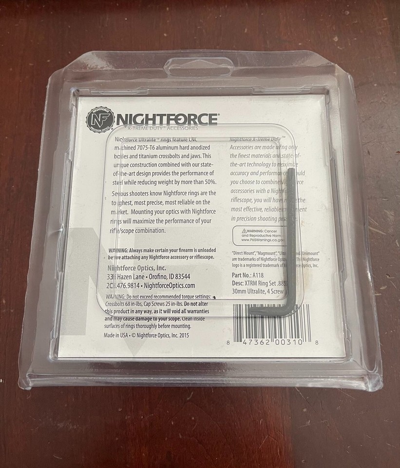 NIGHTFORCE X-TREME DUTY 30MM ULTRALITE RING SET Height: .885" / LOW # ...