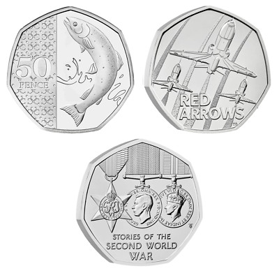 2025 50p pence coins Red Arrows, Salmon, World War II, Royal Mint ...