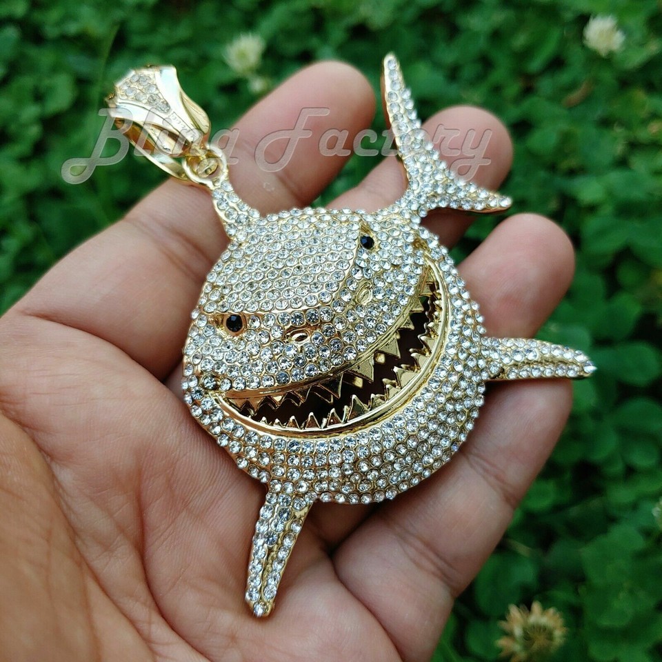 Hip Hop Gold PT 6ix9ine Large Shark Pendant & 18" 30" 36" Franco Chain ...