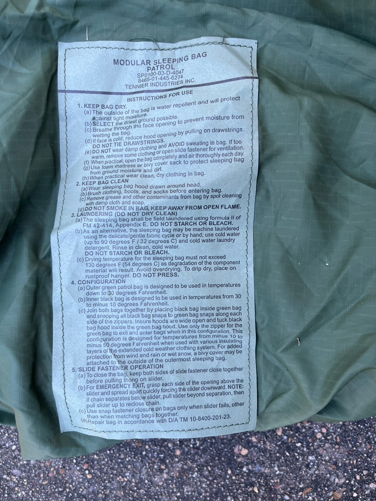 USGI Patrol Sleeping Bag OD Green MSS ECWCS by Tennier Industries ...