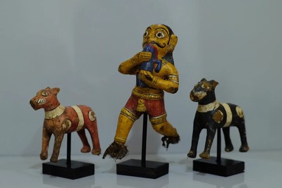 Set Of Antique Indian Cheriyal Tribal Art Figure of Pothuraju" God with ...