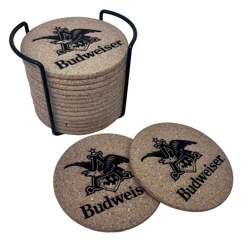 16 pieces coasters set Budweiser beer logo cork and metal holder | eBay