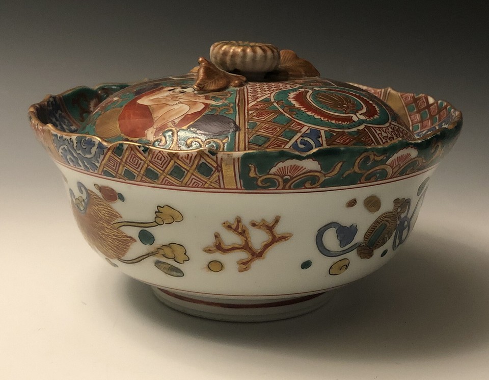 19th Century Japanese Saiko-Kutani Lidded Porcelain Bowl With Fuku Mark ...