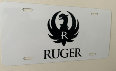 Gloss white aluminum license plate black Ruger Inspired logo gun ...